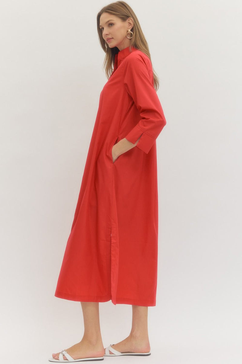 NEWEST ARRIVAL Red Button Down Midi Dress – Five Points Boutique